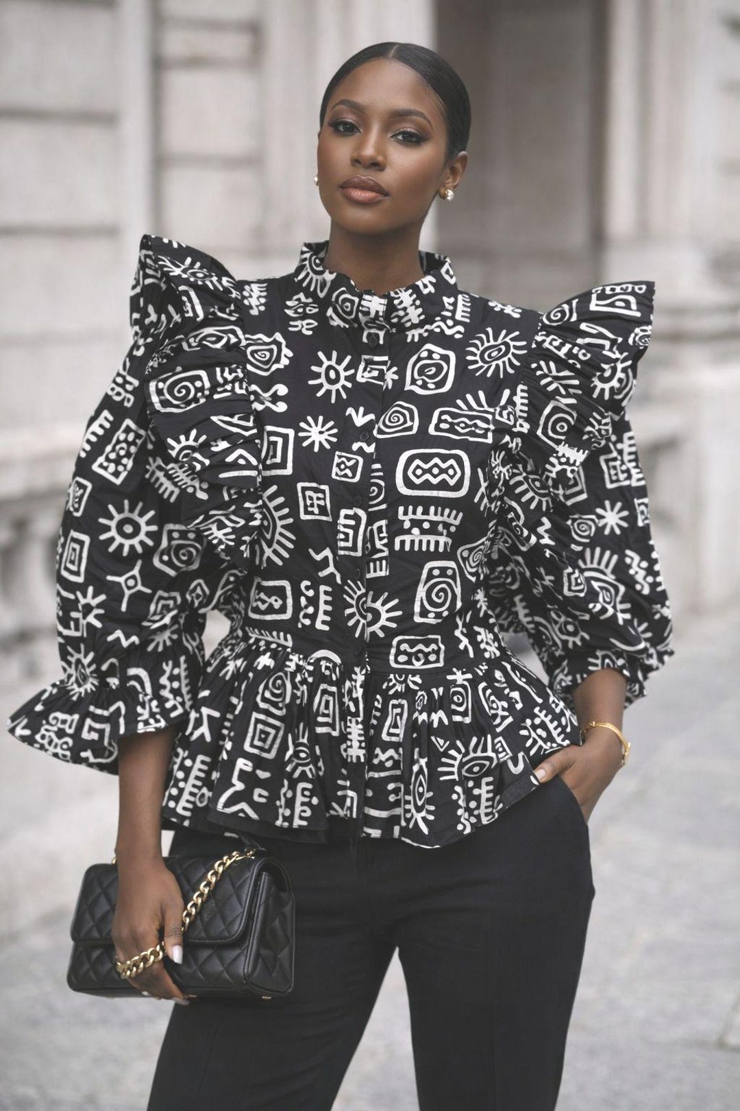 African Print Ankara Kitenge Kimono Blouse Top With Ruffle Bell Sleeves ...