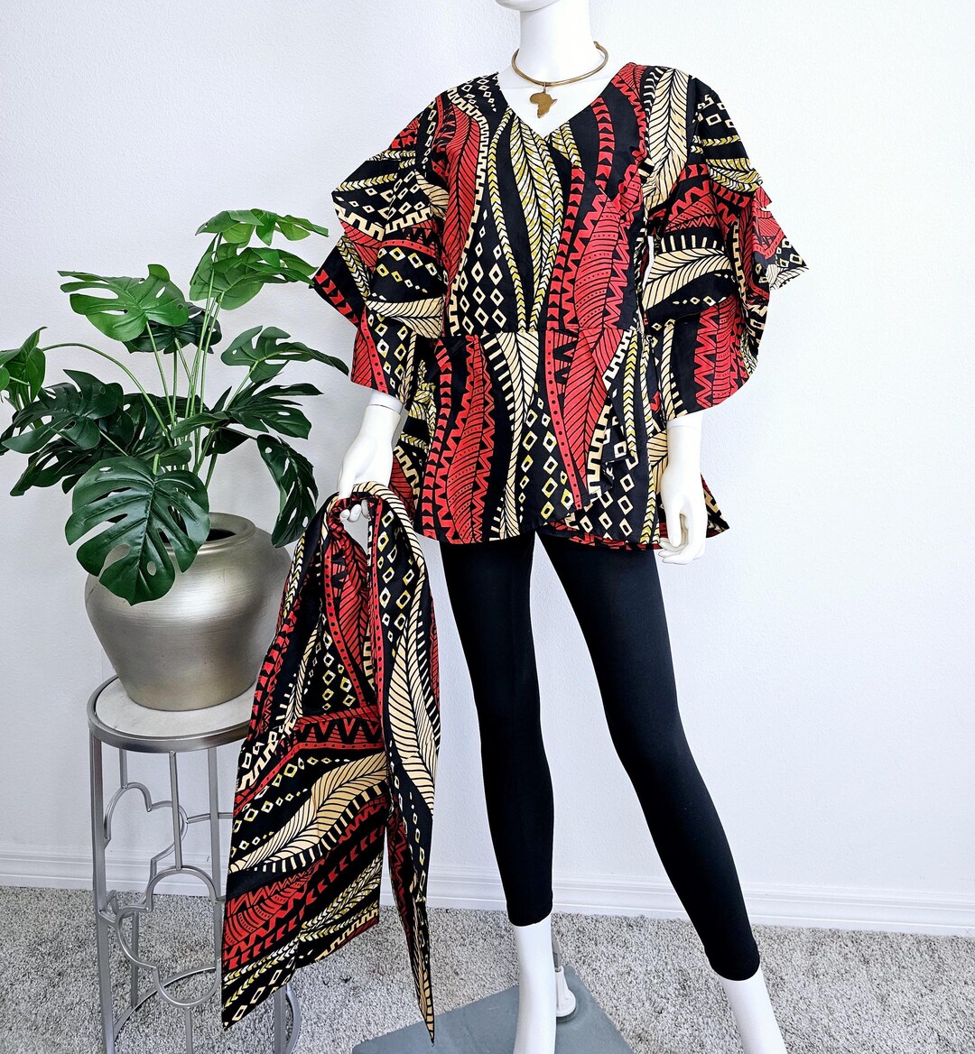African Print Ankara Kitenge Belted Wrap Kimono Blouse Top With Ruffle ...