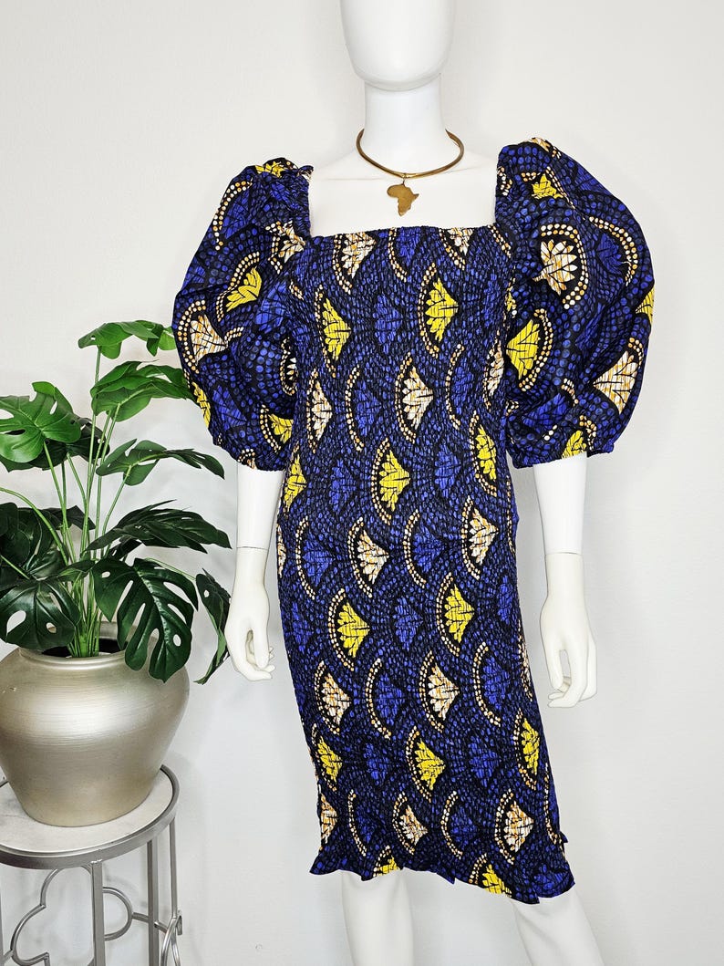 Smocked Midi Dress With Puff Sleeves | Stretch Fit Fitted Cotton Dress ...