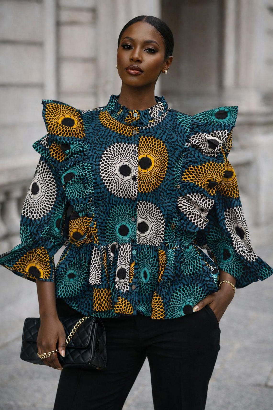 African Print Ankara Kitenge Kimono Blouse Top With Ruffle Bell Sleeves ...