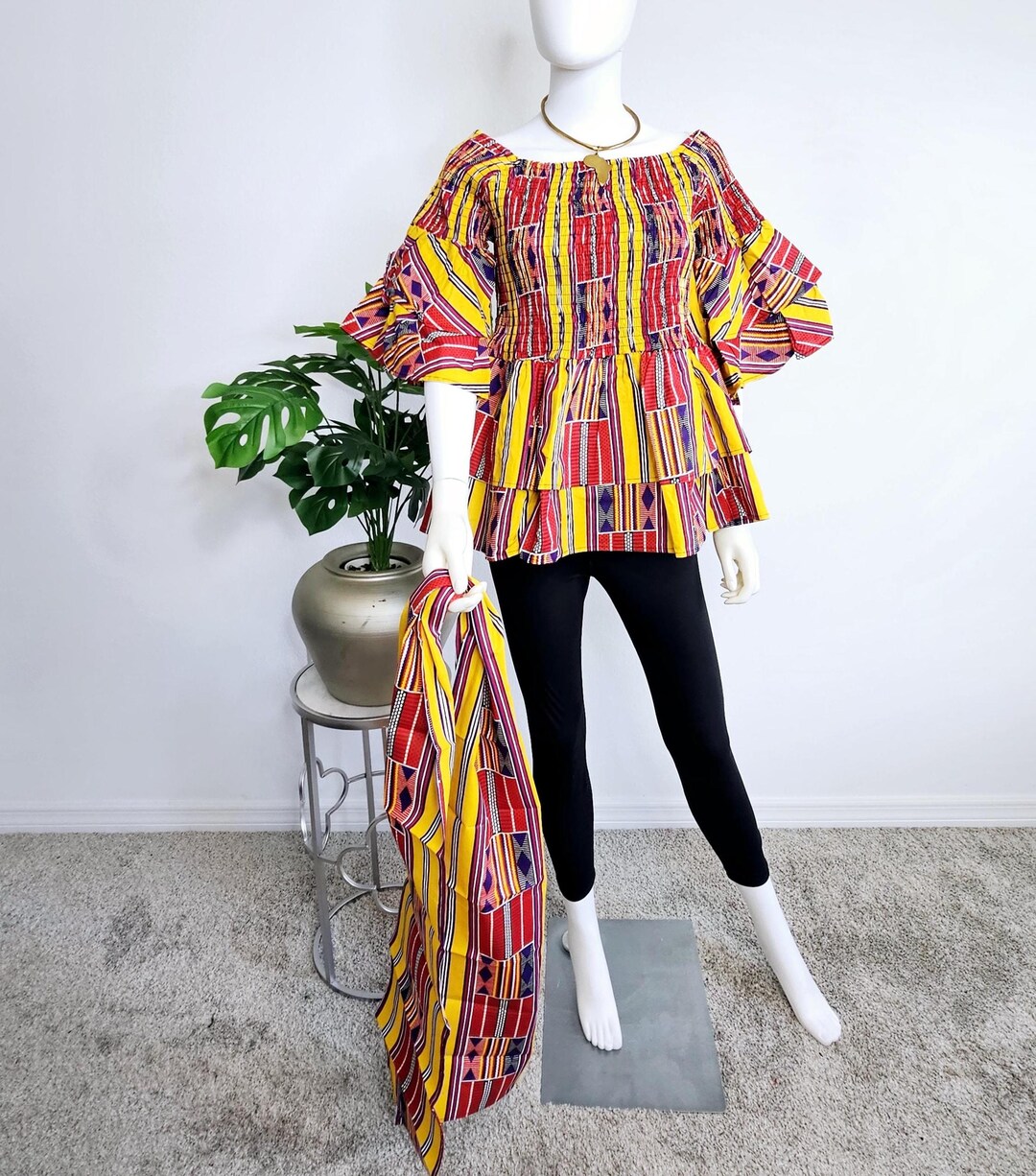 African Print Ankara Kitenge Smocked Kimono Blouse Top With Ruffle Bell ...
