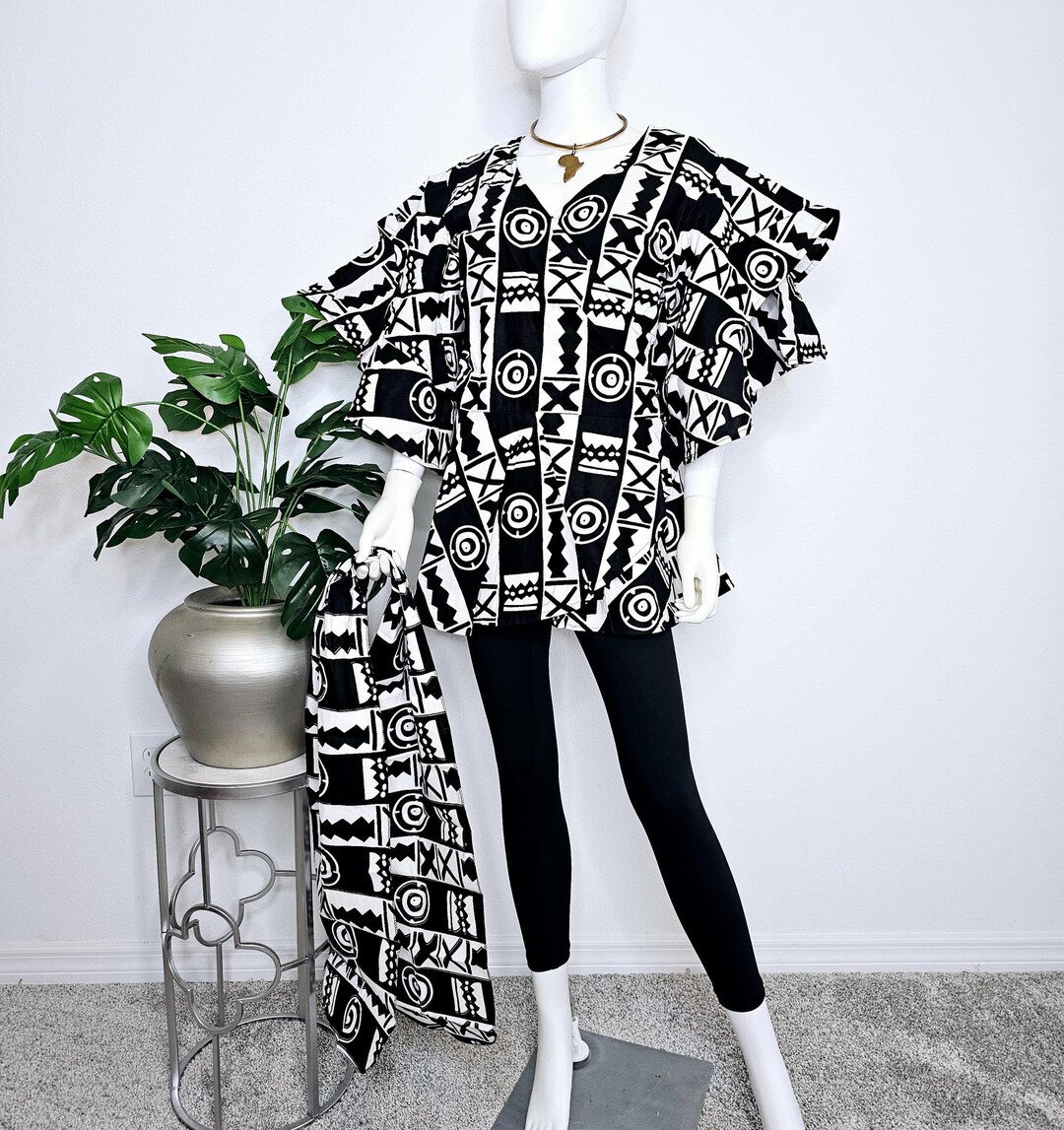 African Print Ankara Kitenge Belted Wrap Kimono Blouse Top With Ruffle ...