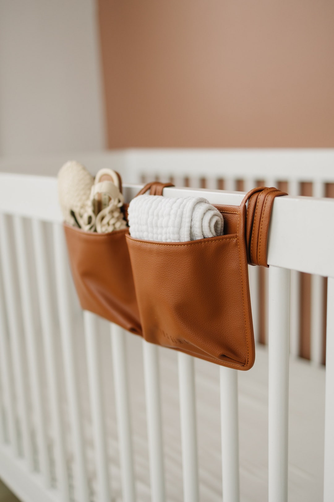 Nursery Crib Pocket Organizer | Vegan Leather Hanging Diaper Organizer ...