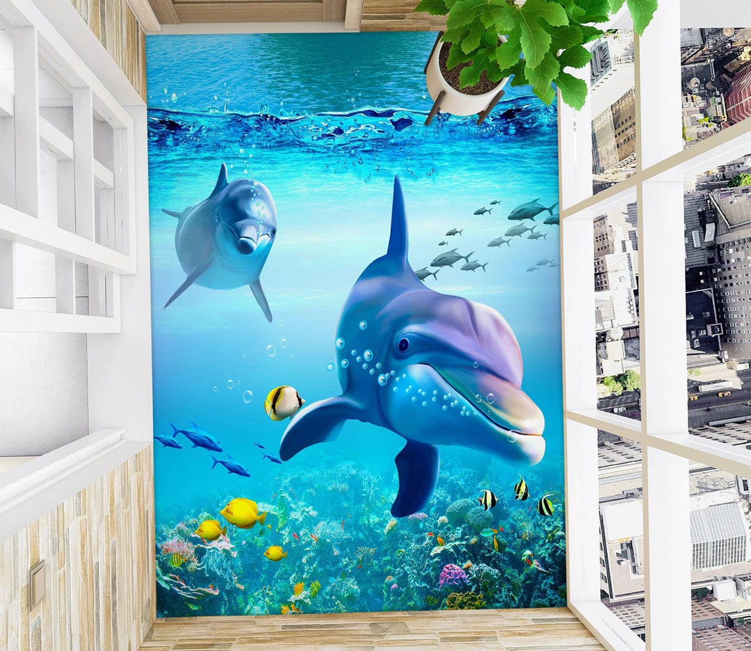 3D Cartoon Cute Dolphins JJ9701FF Floor Wallpaper Murals Self-adhesive ...