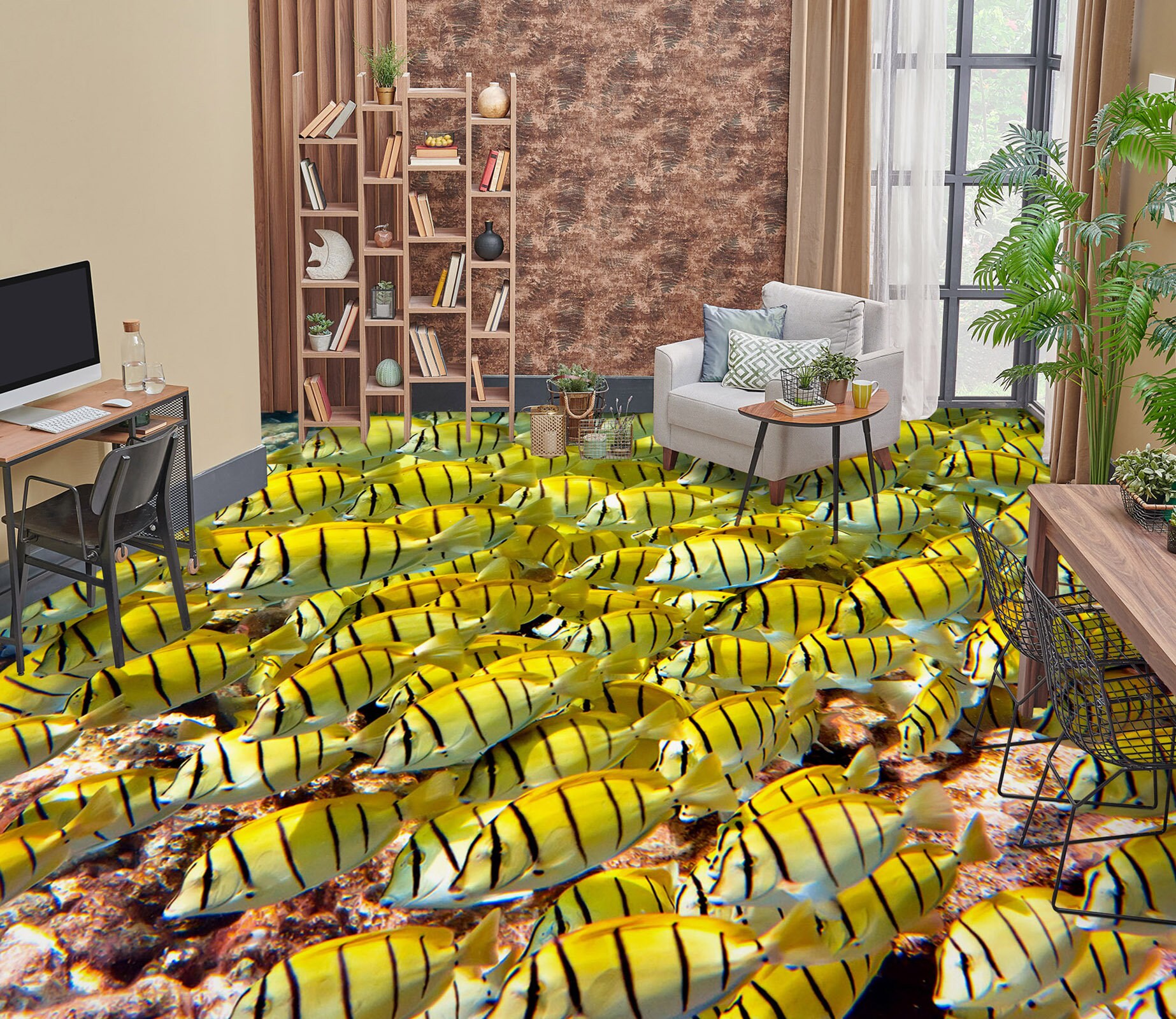 3D Yellow And Black Fish JJ2406FF Floor Wallpaper Murals Self-Adhesive ...