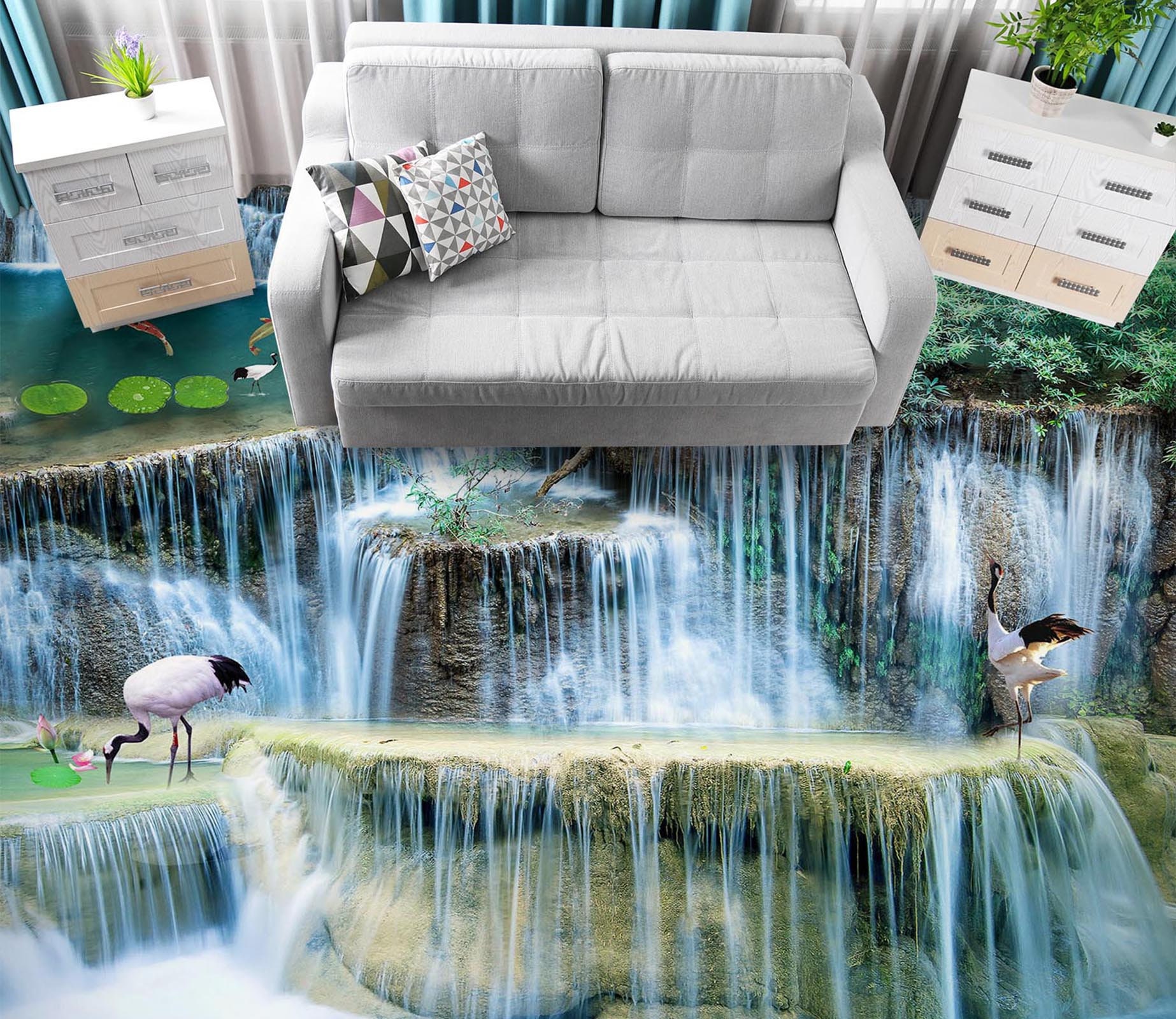 3D Waterfall and Crane JJ8039FF Floor Wallpaper Murals Self-adhesive ...