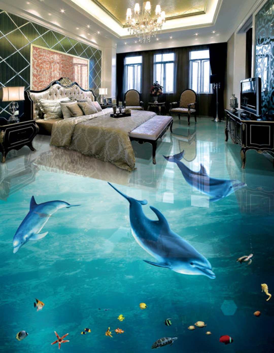 3D Three Dolphins JJ4950FF Floor Wallpaper Murals Self-adhesive ...