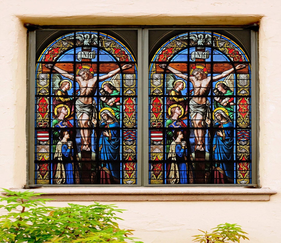 3D Wood Cross WD4166 Window Film Print Sticker Cling Stained Glass Xmas ...