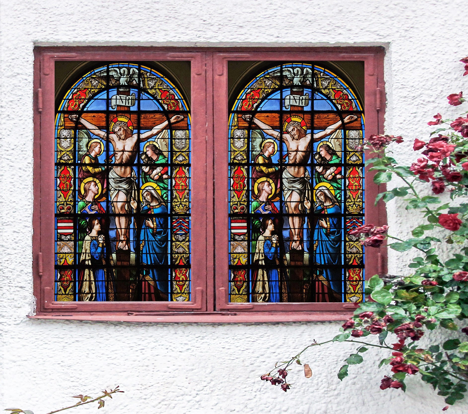 3D Wood Cross WD4166 Window Film Print Sticker Cling Stained Glass Xmas ...