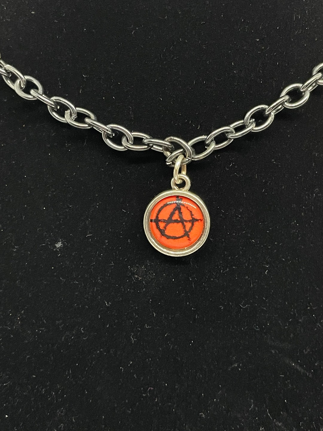 Dark Silver Curb Link Chain Necklace With Red Anarchy Charm - Etsy