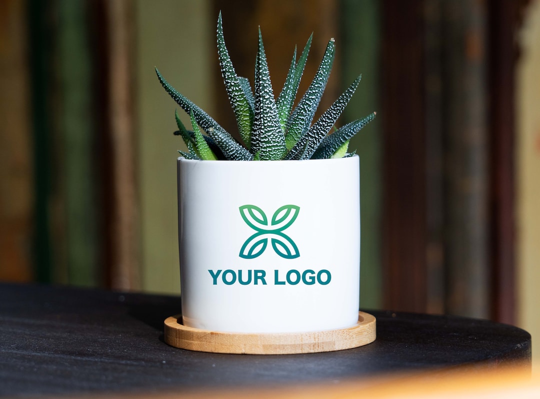 Custom Logo Gift - 3" White Ceramic Pot W/ Bamboo Tray - Corporate ...