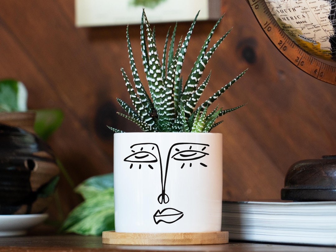 Face Planter - 3" White Ceramic Pot W/ Tray - Planter Decor, Unique ...