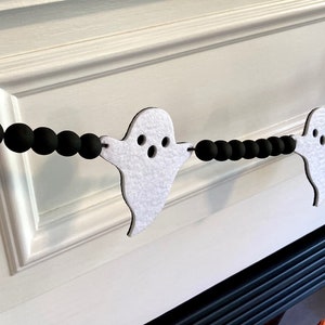 Halloween Felt Ghosts and Black Wood Beads Garland for Fireplace Mantel / Spooky Wall Home Decor ...