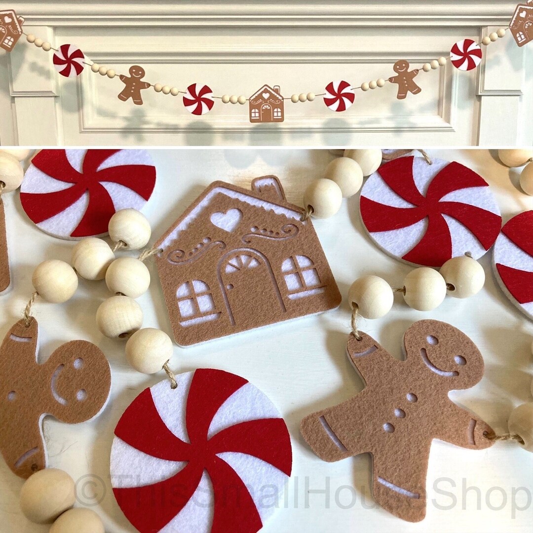 Christmas Garland / Felt Gingerbread House Man and Red Peppermint Candy ...