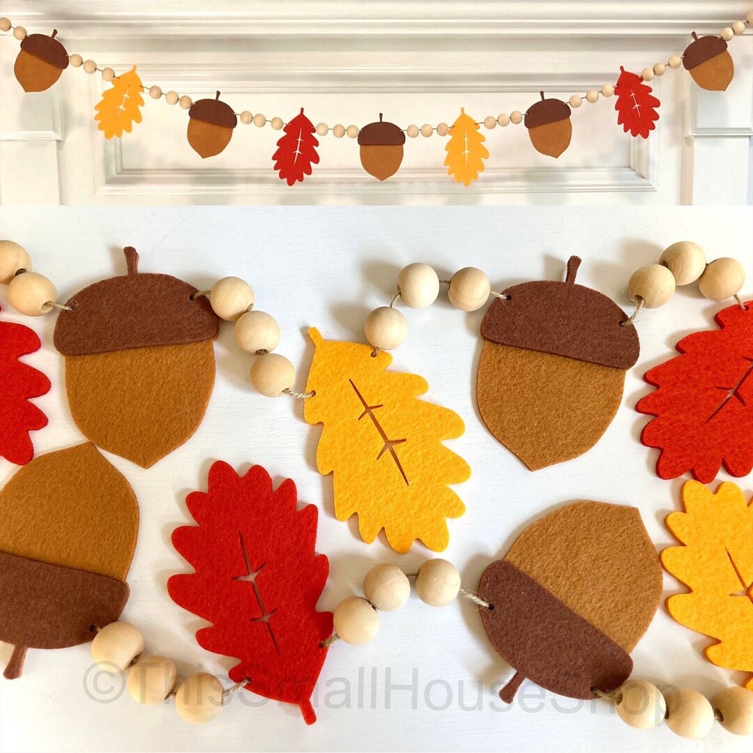 Fall Garland Acorns and Oak Leaves / Autumn Banner / Felt With Wood ...