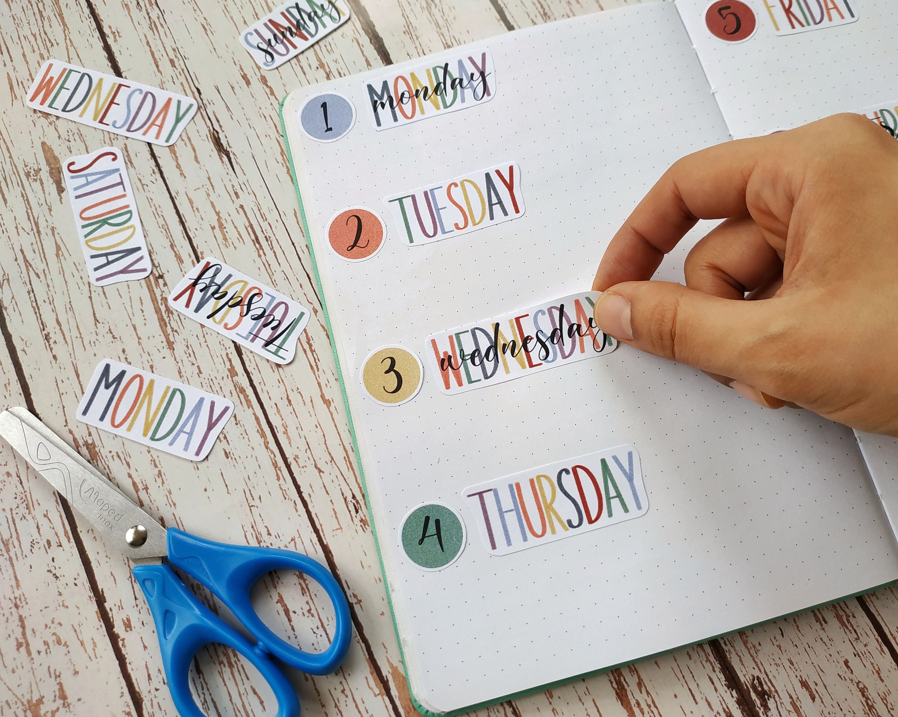Days of the Week Printable Stickers, Rainbow Weekday Names, Bullet ...