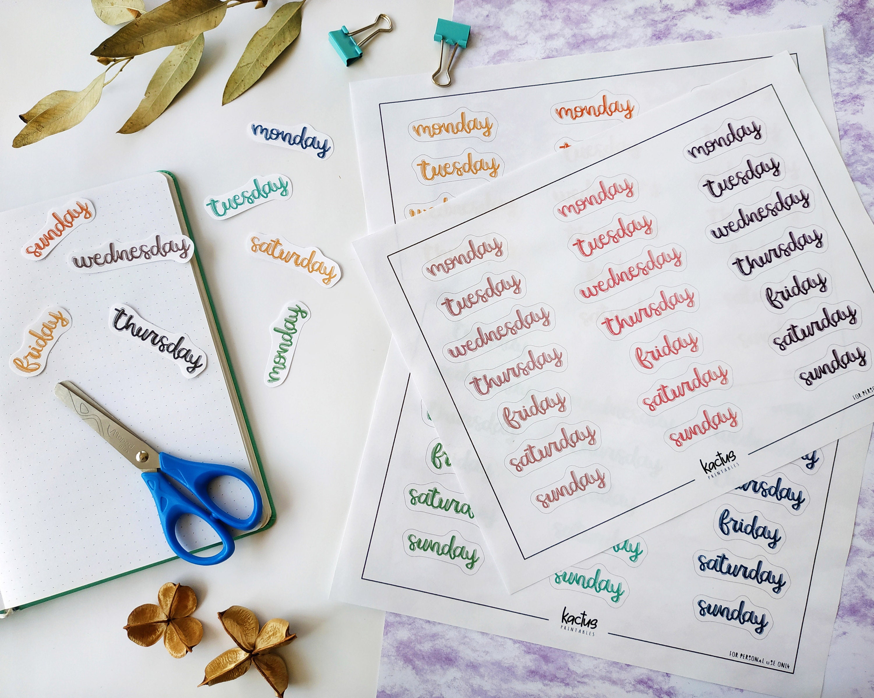 Days of the Week Printable Stickers, Bullet Journal Stickers, Weekly ...