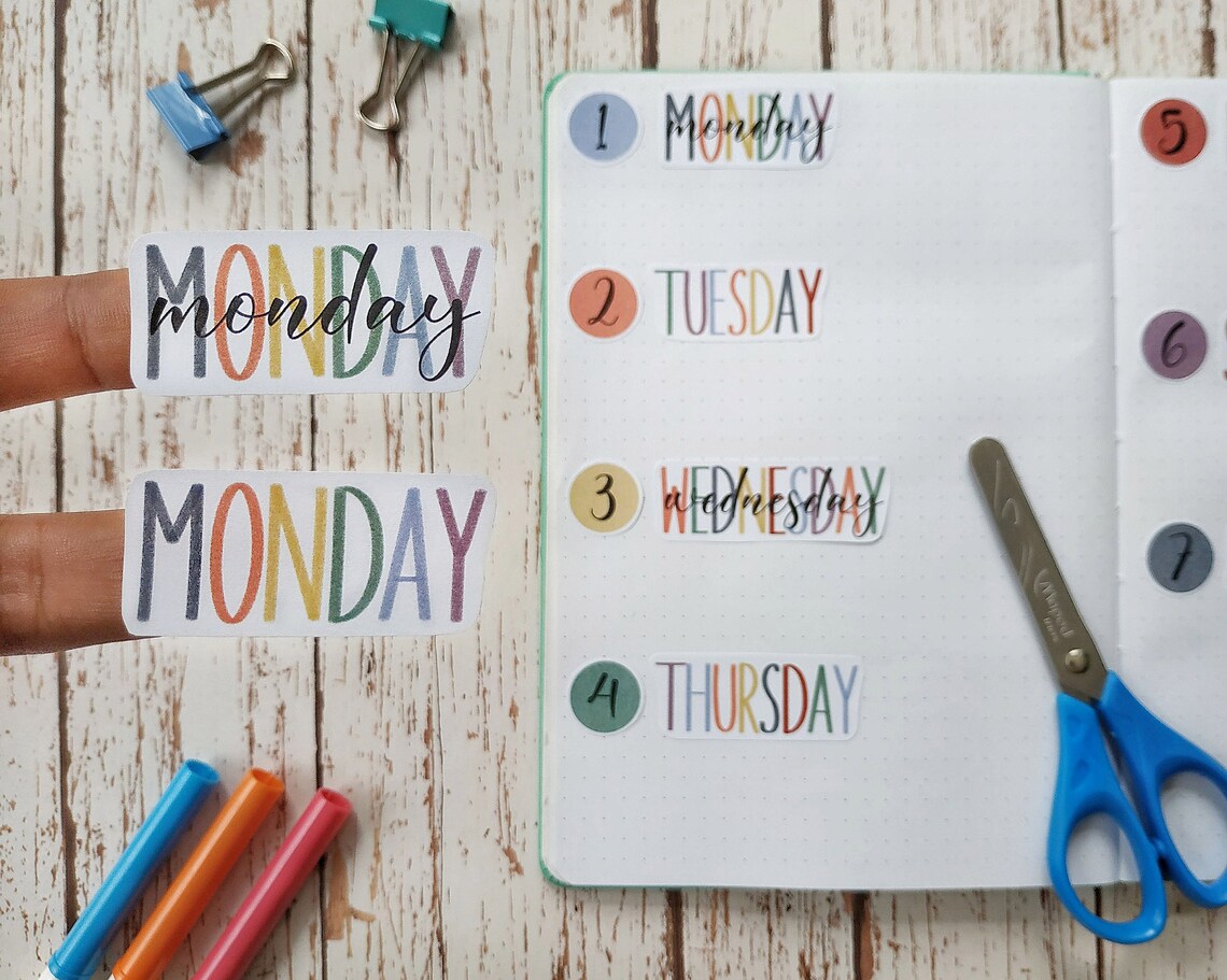 Days of the Week Printable Stickers, Rainbow Weekday Names, Bullet ...