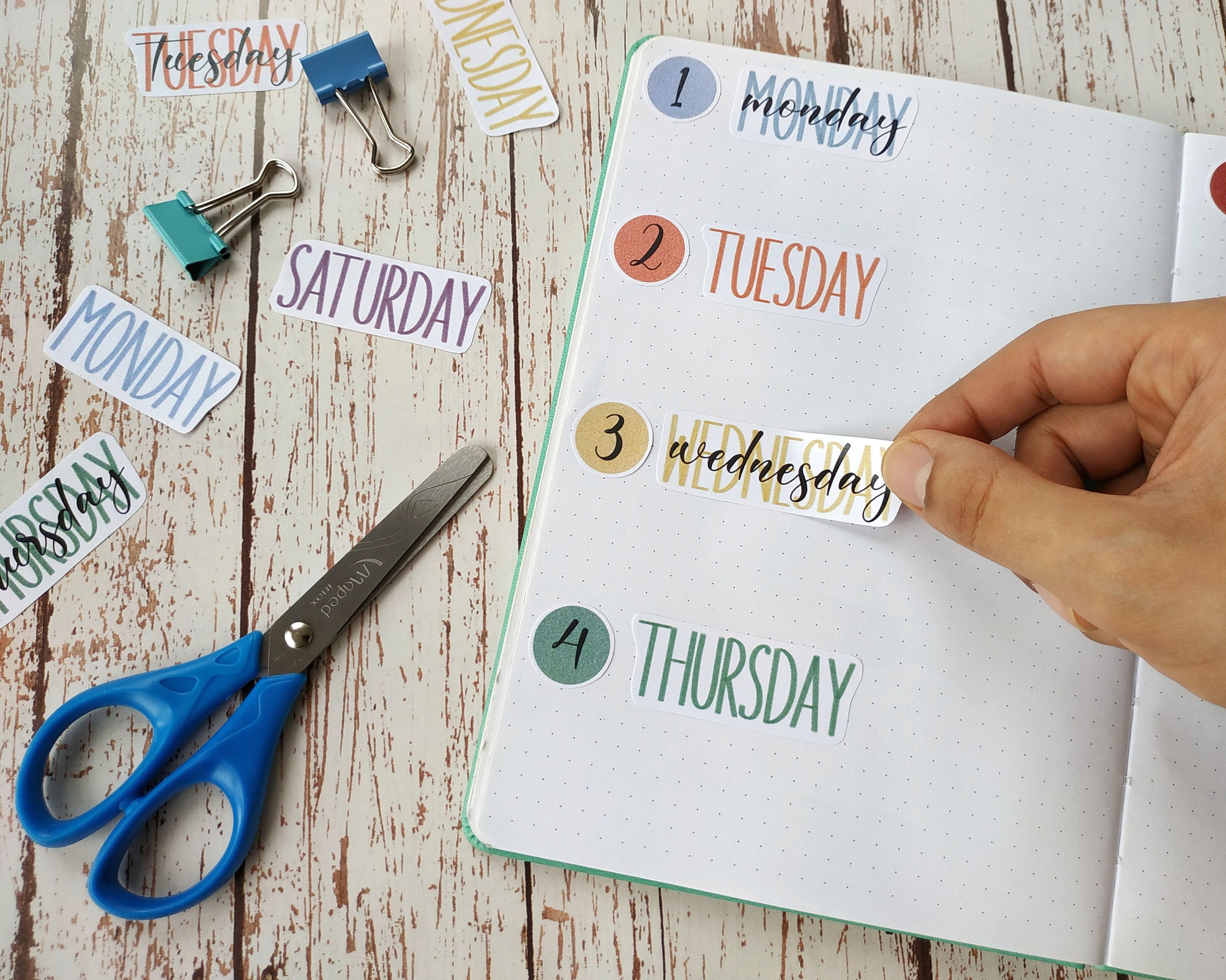 Days of the Week Printable Stickers, Colored Weekday Names, Bullet ...