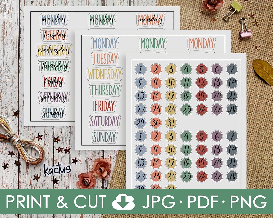 Days of the Week Printable Stickers, Colored Weekday Names, Bullet ...