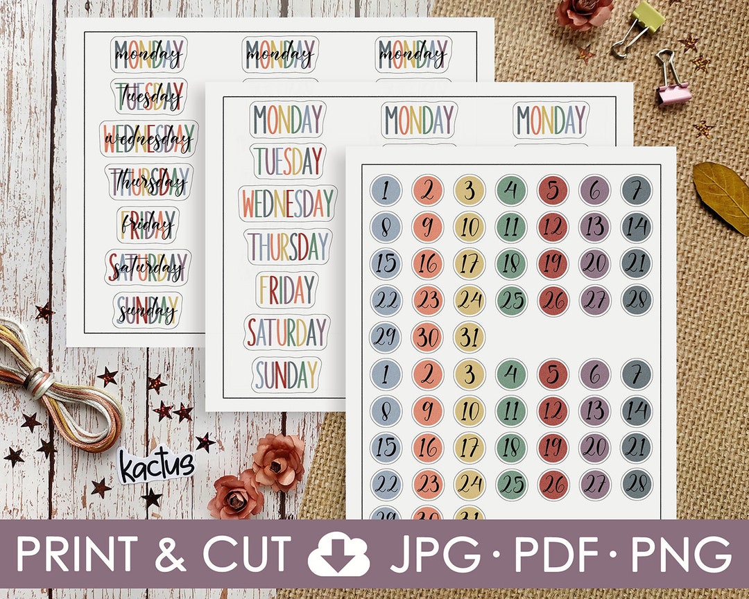 Days of the Week Printable Stickers, Rainbow Weekday Names, Bullet ...