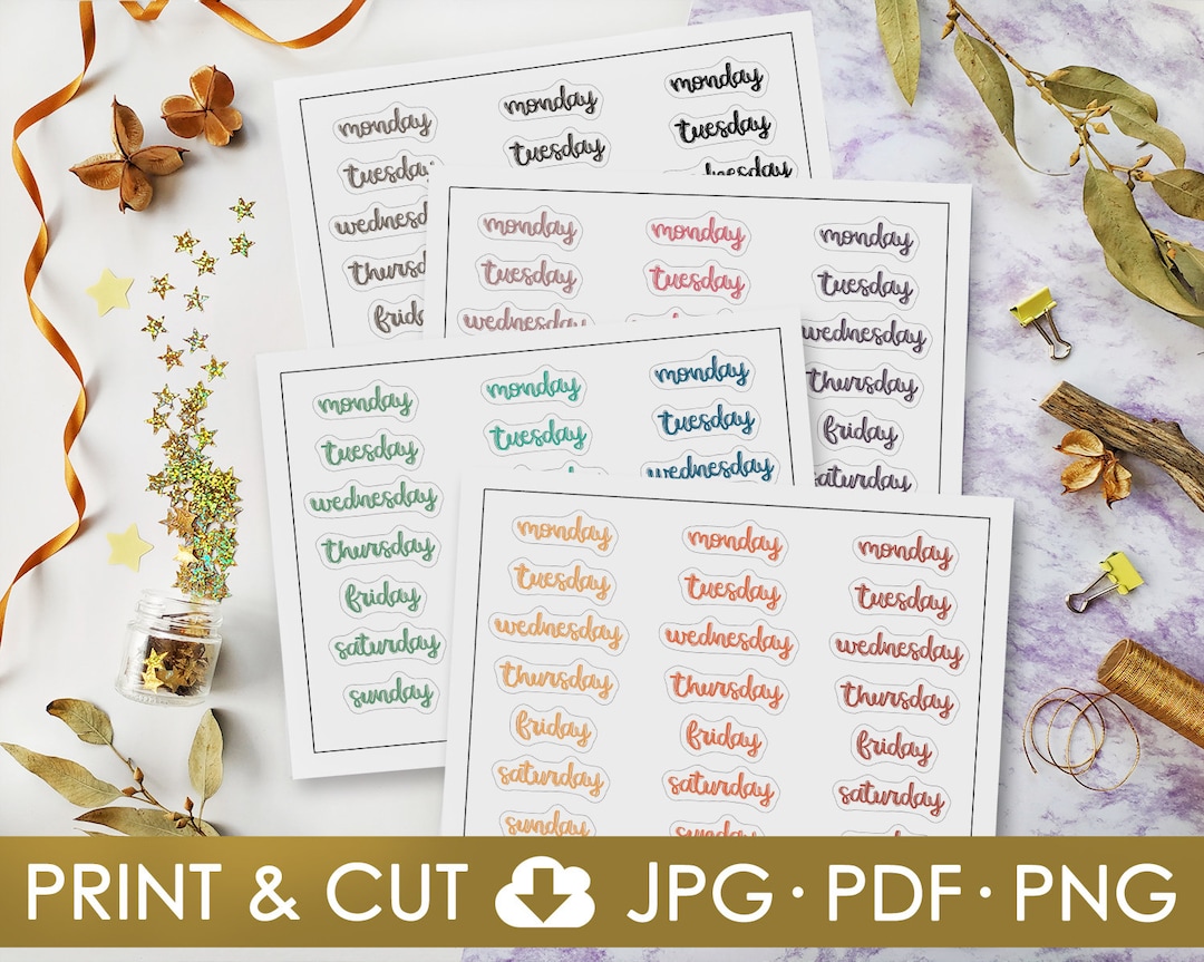 Days of the Week Printable Stickers, Bullet Journal Stickers, Weekly ...