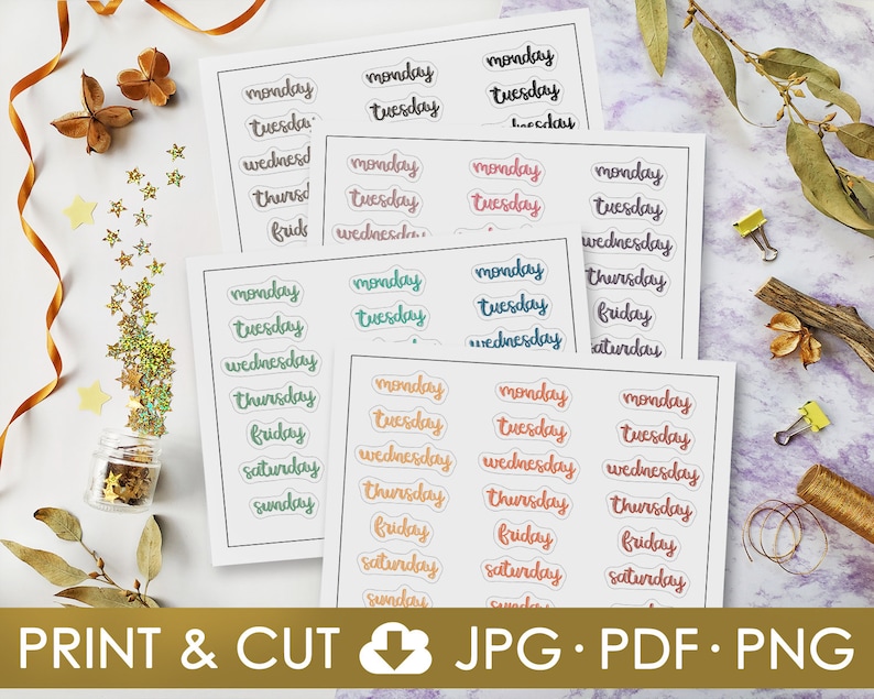 Days of the Week Printable Stickers, Bullet Journal Stickers, Weekly ...