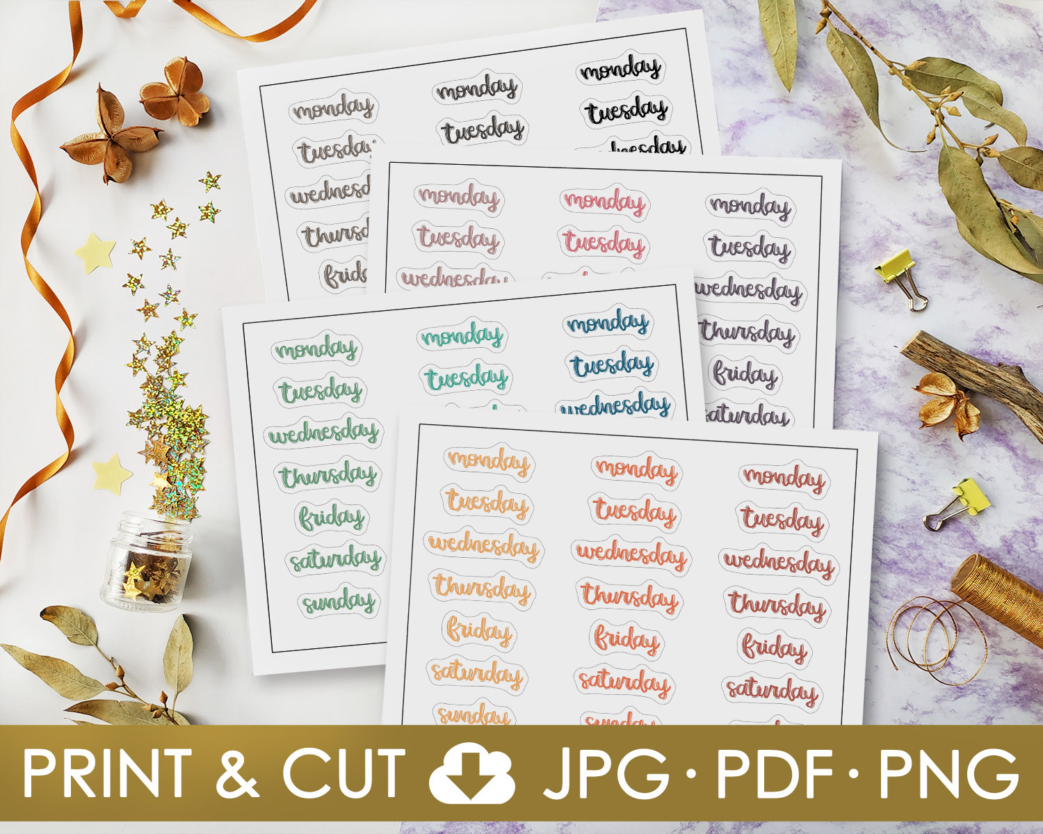 Days of the Week Printable Stickers, Bullet Journal Stickers, Weekly ...