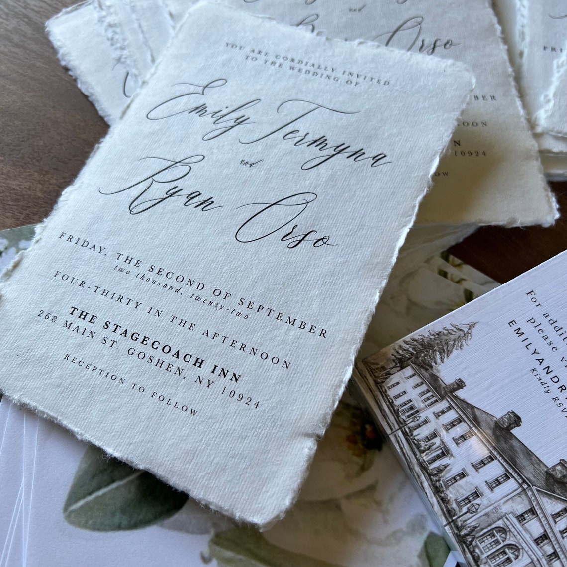 Hand Torn Deckle Edge Wedding Invitation, Watercolor Venue Sketch ...