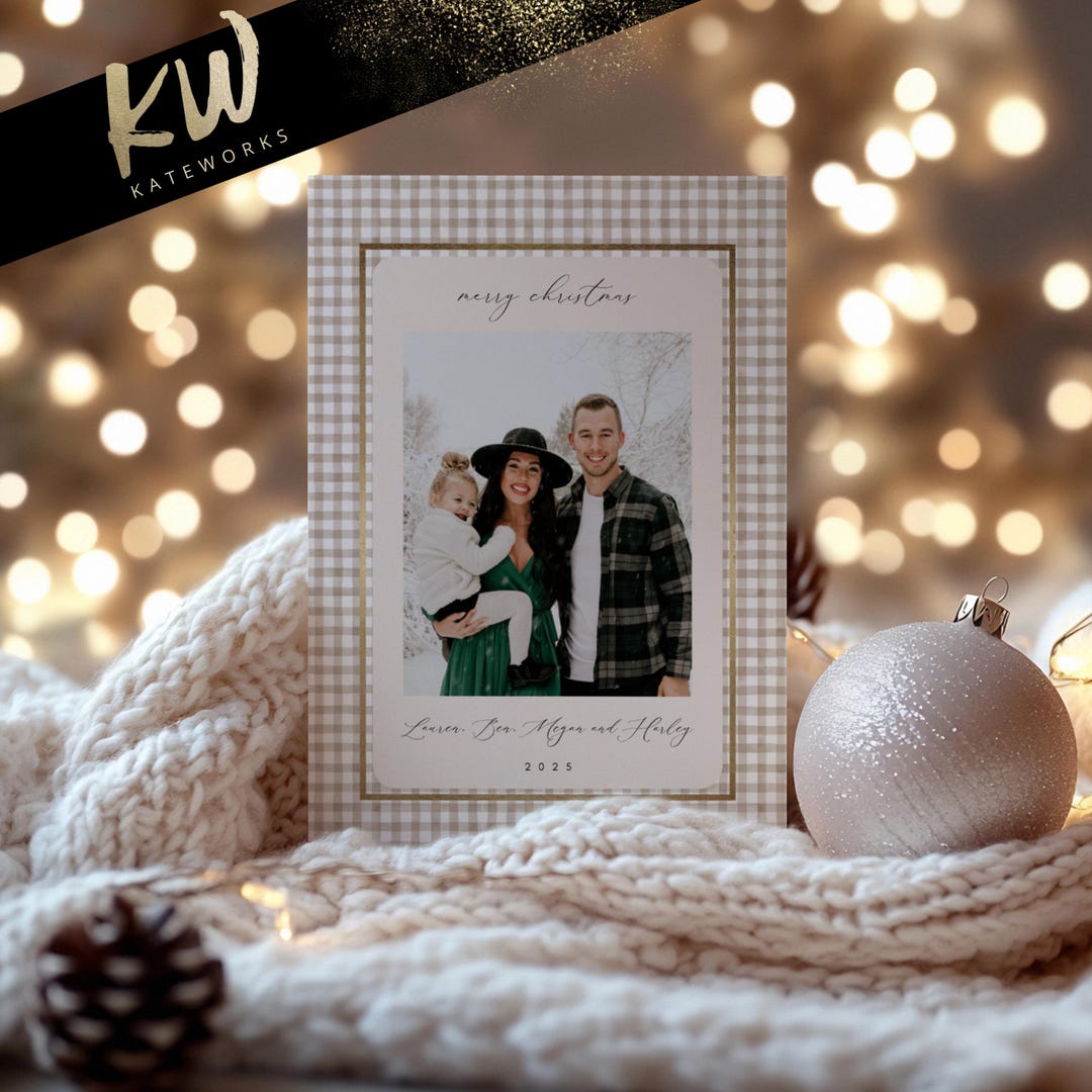 Neutral Gingham Christmas Card Template | Editable Digital Holiday ...