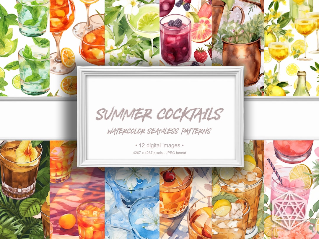 Cocktail Art, Watercolor Summer Cocktails, Printable Digital Paper ...