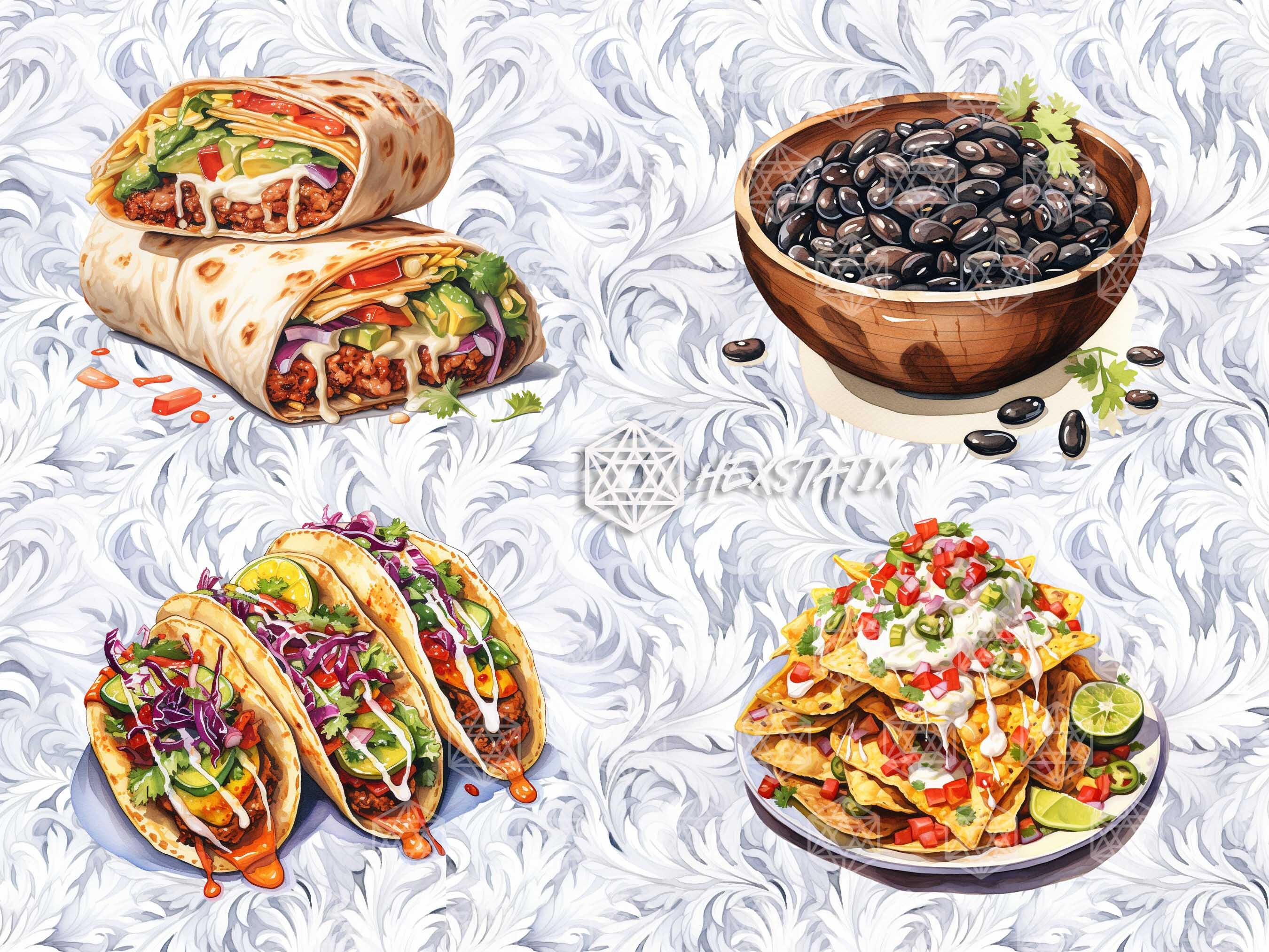 Mexican Food Clipart, Watercolor Food Clip Art, Burrito Nachos Taco ...