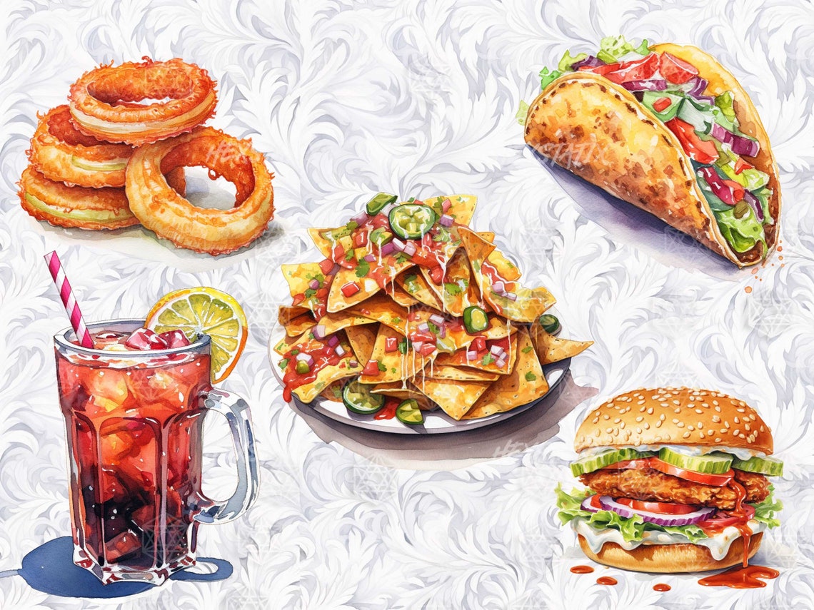 Fast Food Clipart, Food Clip Art, Food PNG, Watercolor Food ...