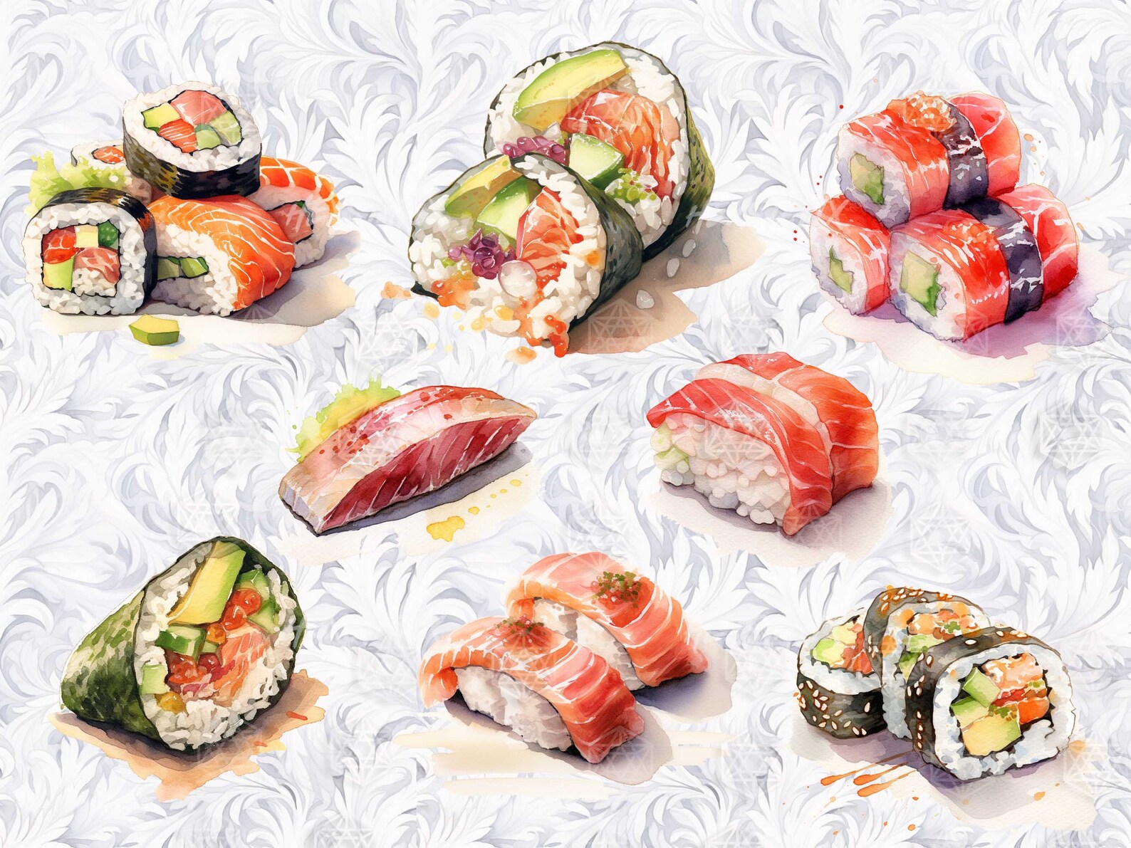 Sushi Clipart Watercolor Sushi Digital Download Food Art for Commercial ...