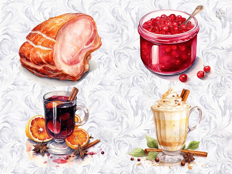 Christmas Food Clipart, Watercolor Food Clip Art, Winter Food PNG, Xmas ...