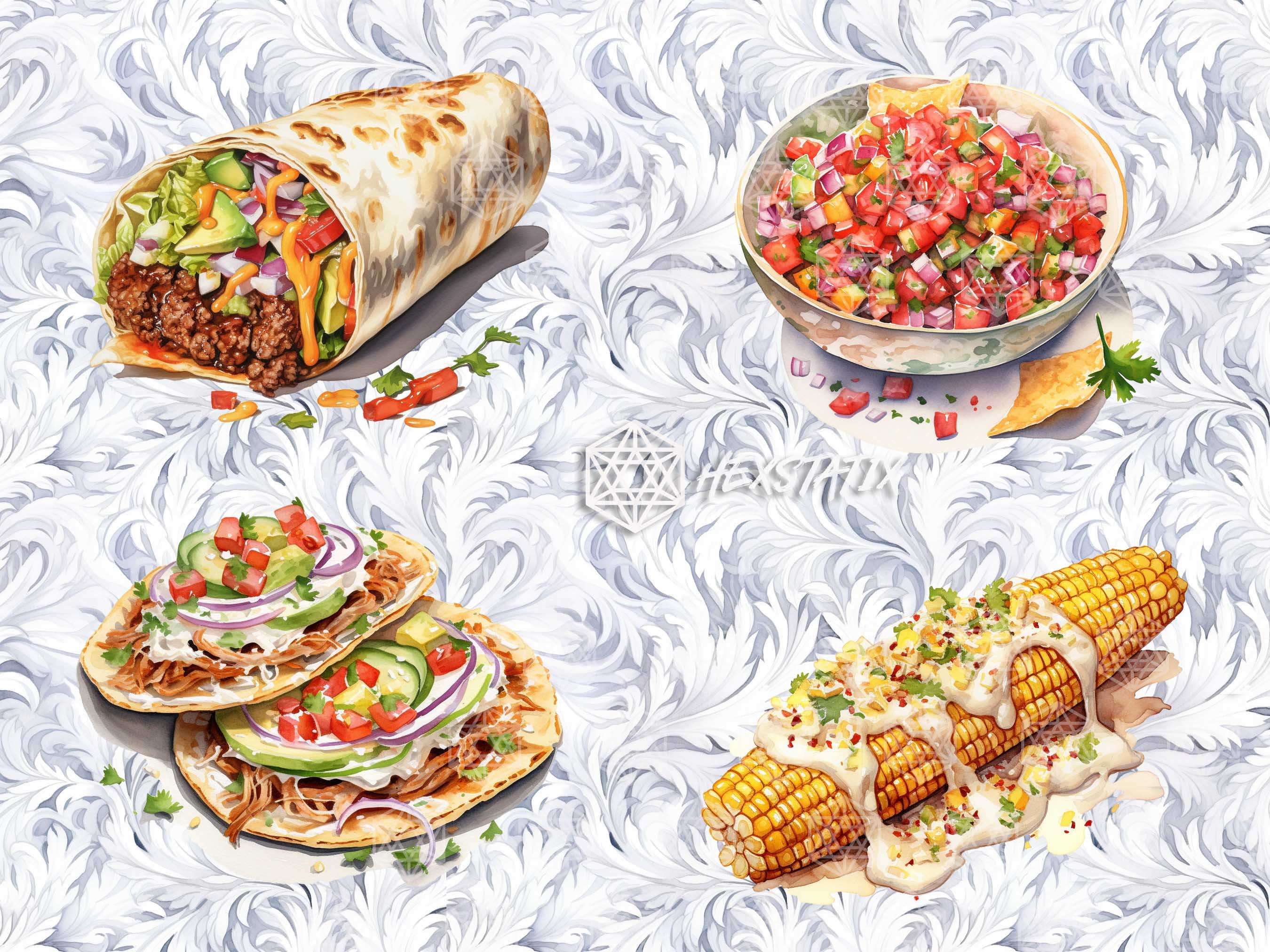 Mexican Food Clipart, Watercolor Food Clip Art, Burrito Nachos Taco ...