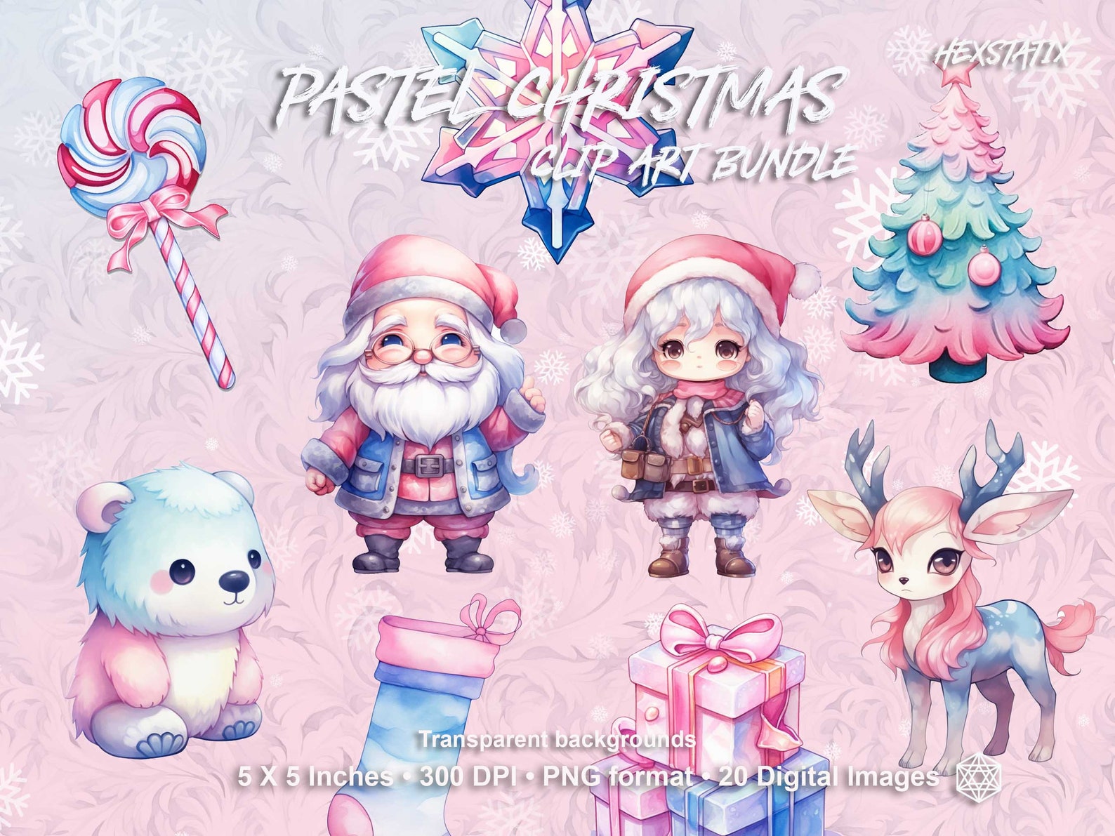 Pastel Christmas Clipart, Watercolor Christmas Clipart, Pink Christmas ...