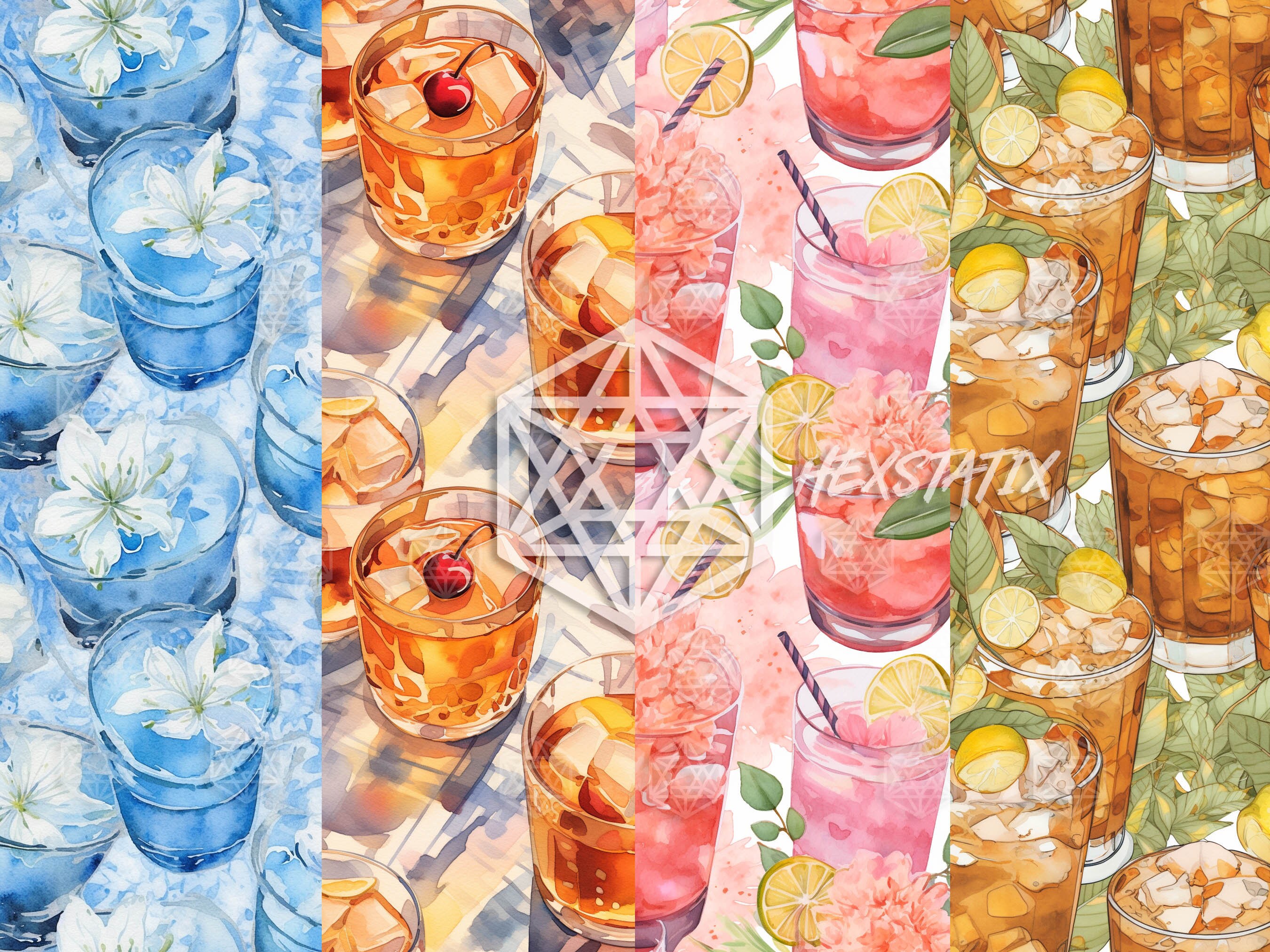 Cocktail Art, Watercolor Summer Cocktails, Printable Digital Paper ...