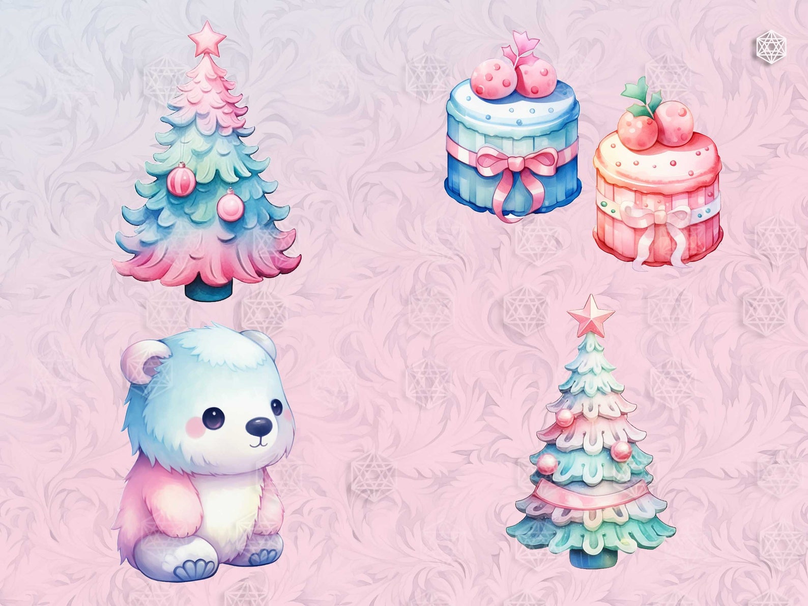 Pastel Christmas Clipart, Watercolor Christmas Clipart, Pink Christmas ...
