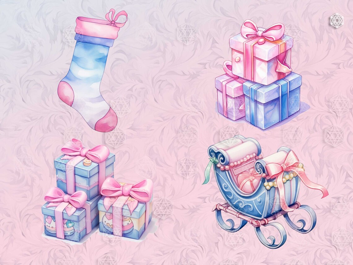 Pastel Christmas Clipart, Watercolor Christmas Clipart, Pink Christmas ...
