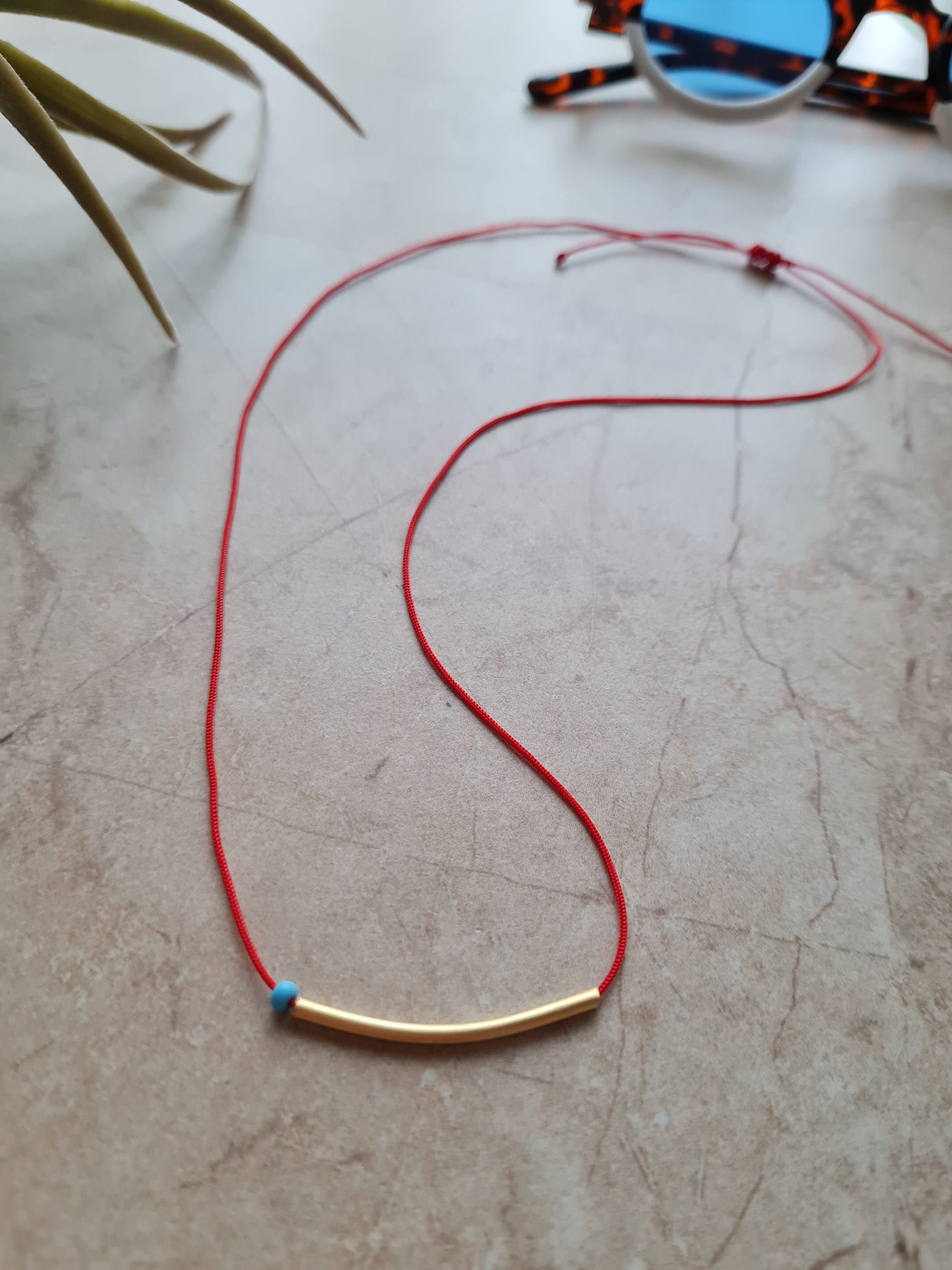 14k Gold Plated Noodle Tube Red String Necklace | Handmade Dainty Blue ...
