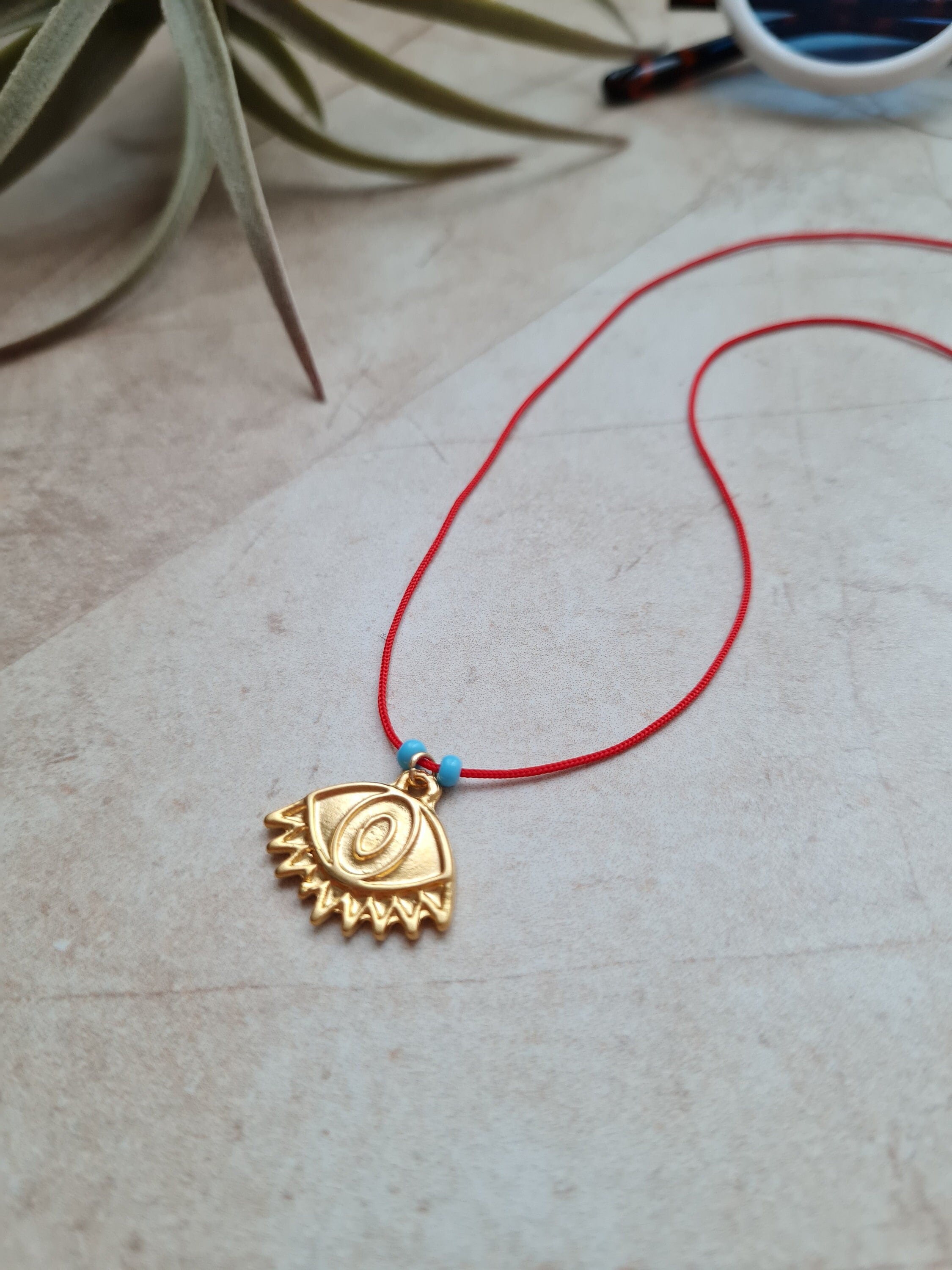 14k Gold Plated Eye of Horus Charm Red String Necklace Handmade Dainty ...