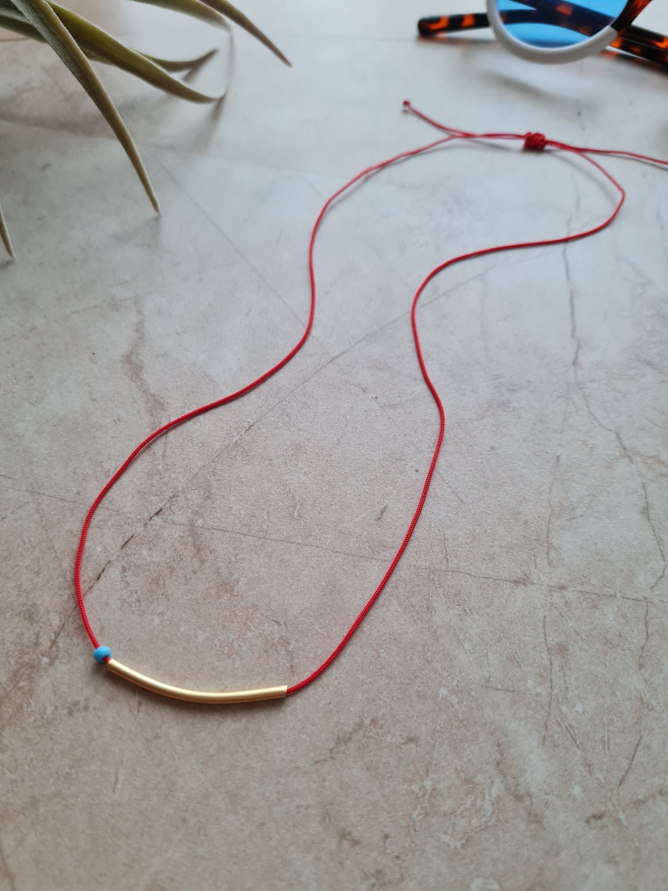 14k Gold Plated Noodle Tube Red String Necklace Handmade Dainty Blue ...