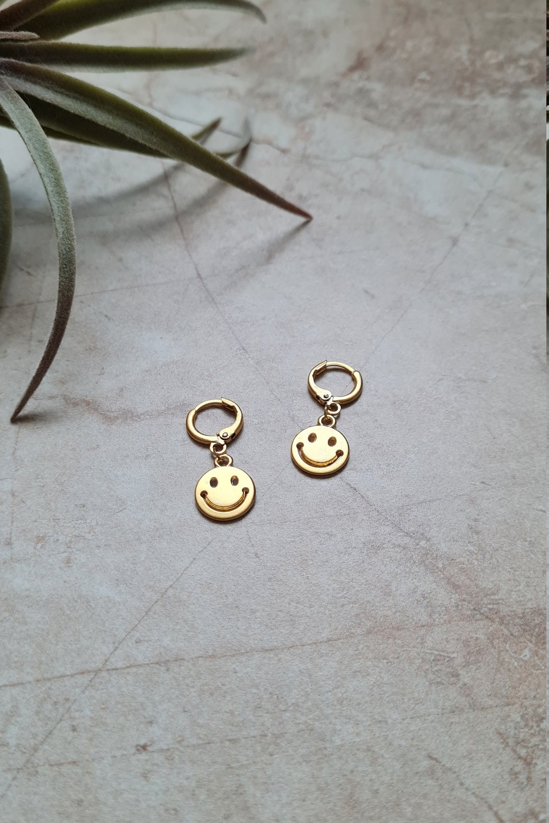 Pair of 14k Gold Plated Smiley Face Charm Huggie Hoop Earrings ...