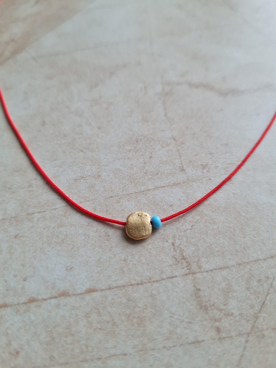 Handmade 14k Gold Plated Disc Necklace: Blue Beaded Dainty Red Cord ...