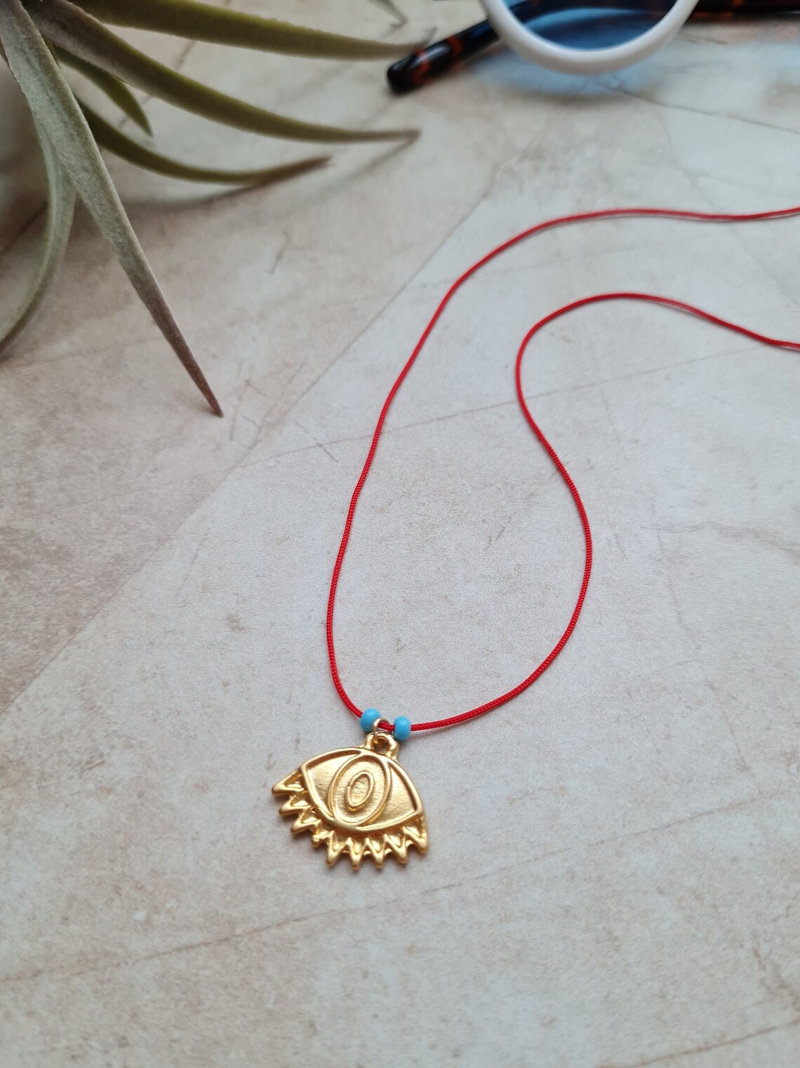 14k Gold Plated Eye of Horus Charm Red String Necklace Handmade Dainty ...