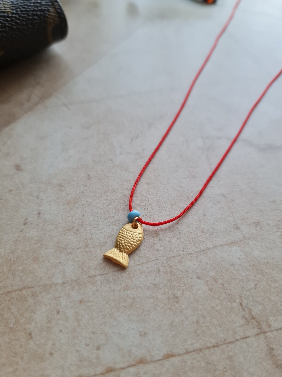 14k Gold Plated Fish Charm Red String Necklace Handmade Dainty Blue ...