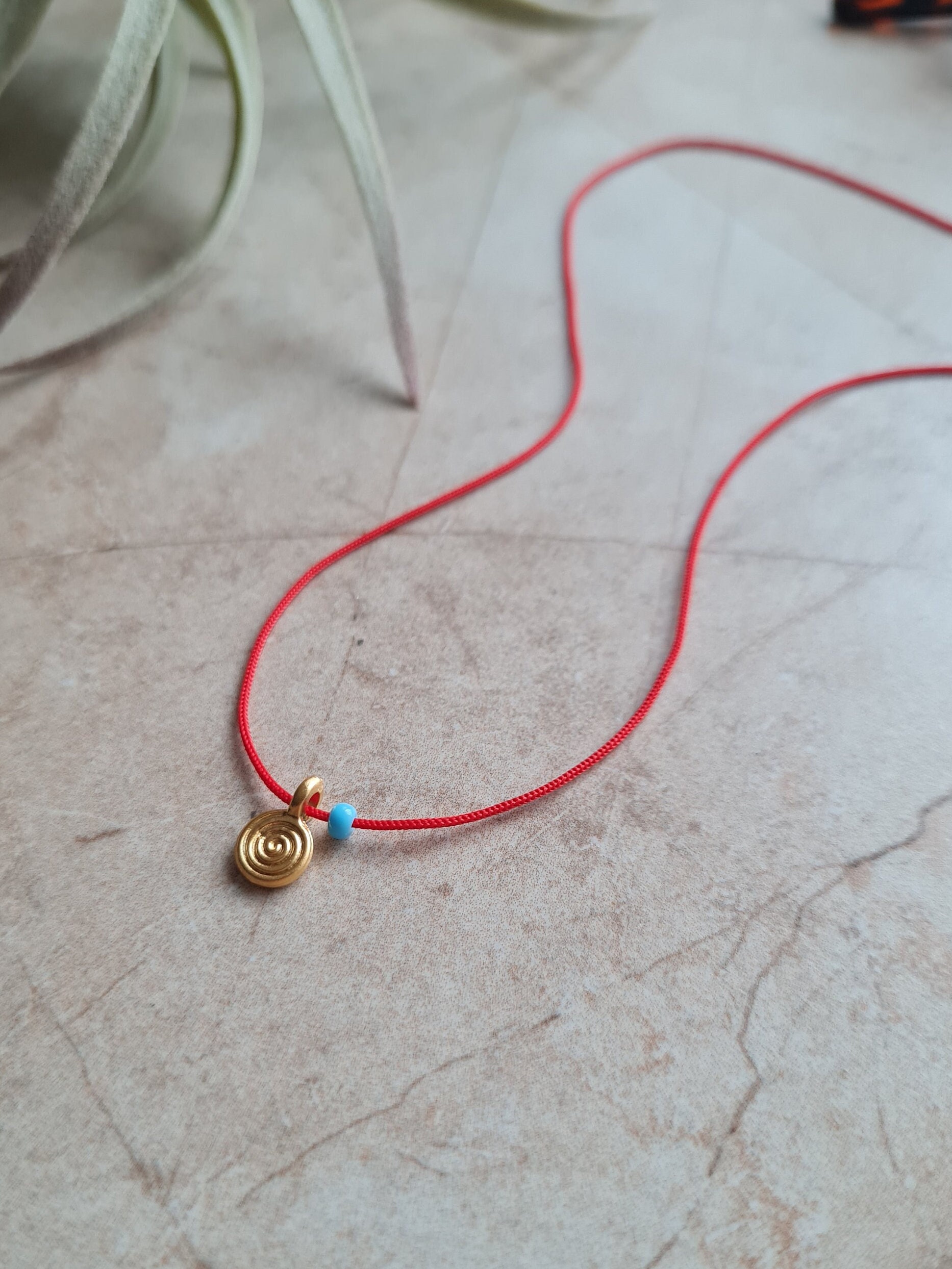 14k Gold Plated Tiny Spiral Charm Red String Necklace Handmade Dainty ...