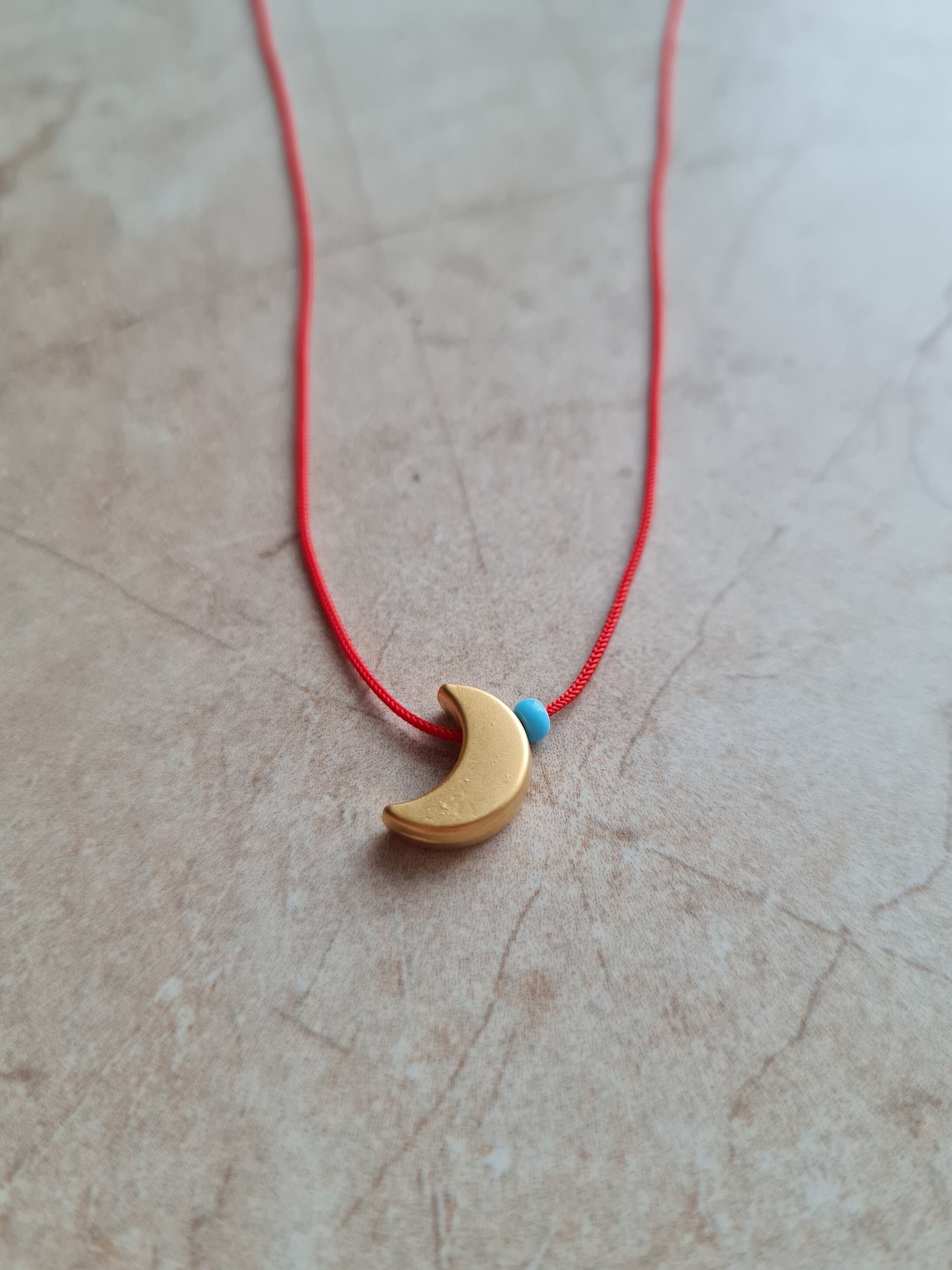 Handmade 14k Gold Plated Moon Charm Blue Beaded Red Cord Necklace - Etsy