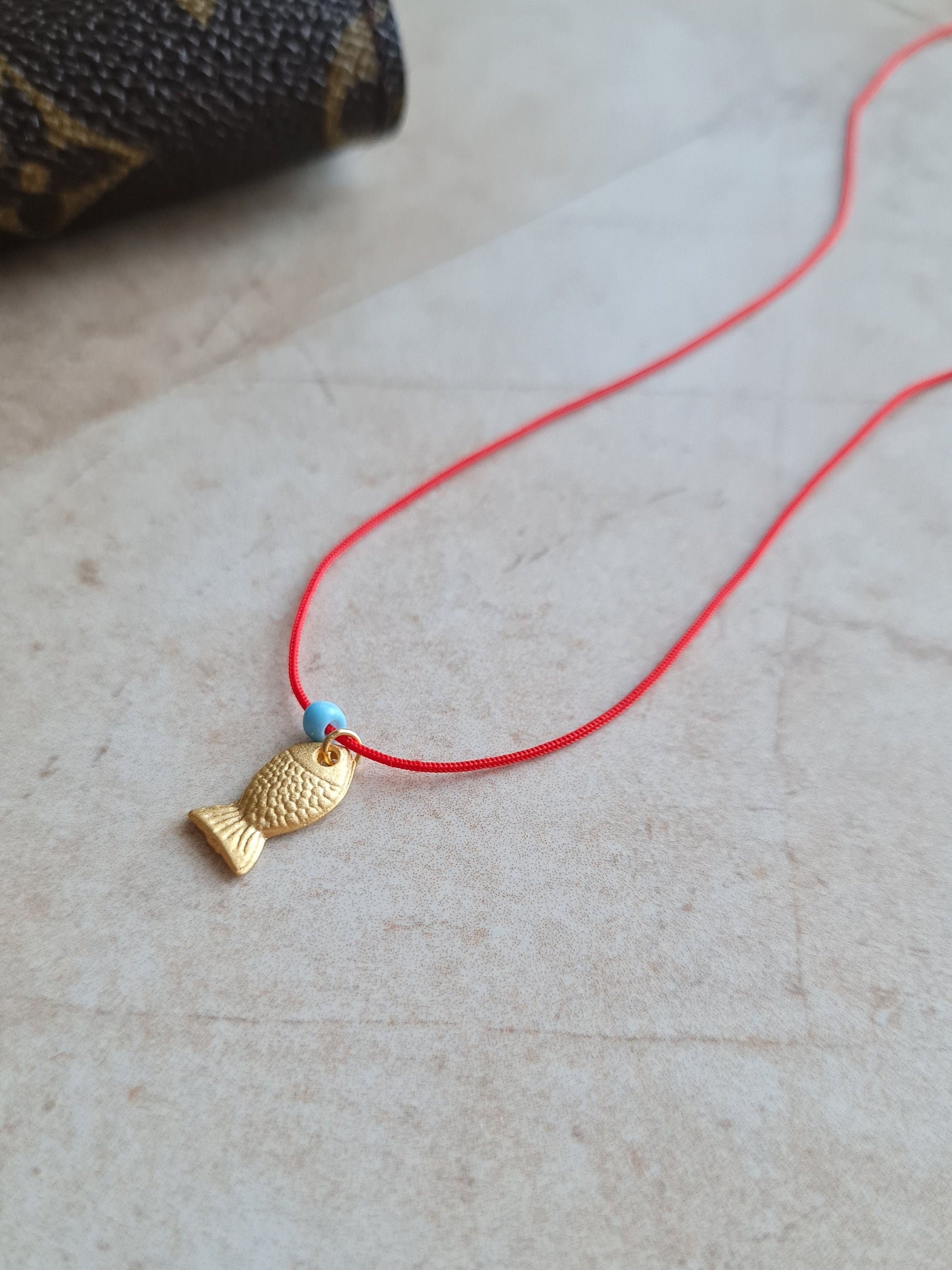 14k Gold Plated Fish Charm Red String Necklace Handmade Dainty Blue ...